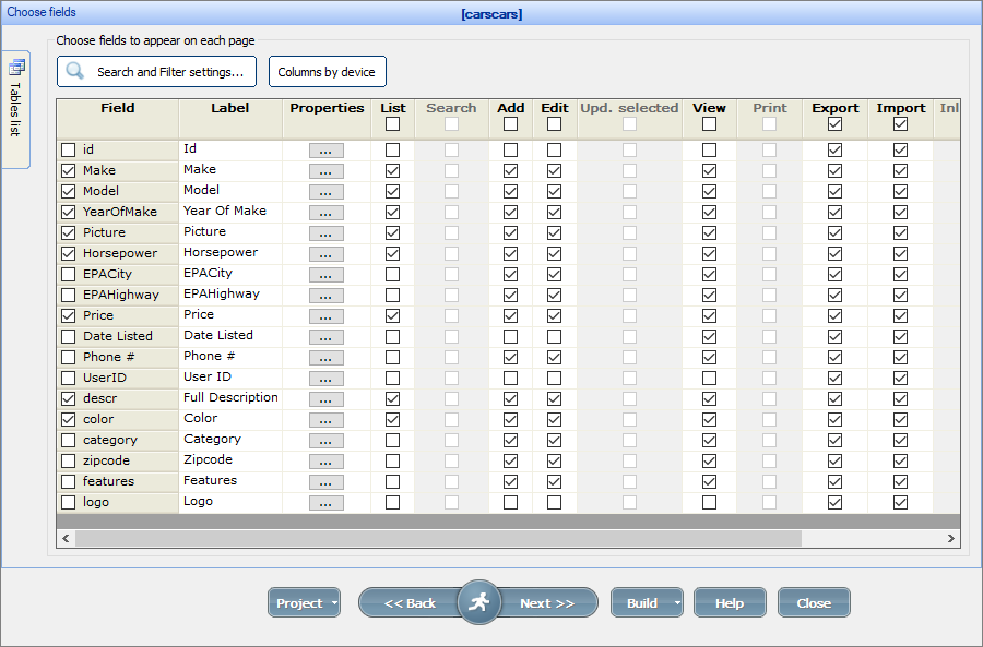 Choose Fields Screen